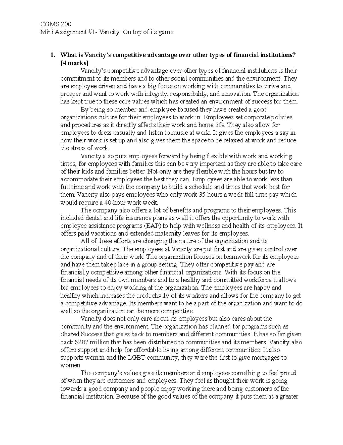 Mini Assignment 1- Vancity - CGMS 200 Mini Assignment #1- Vancity: On top of its game What is ...