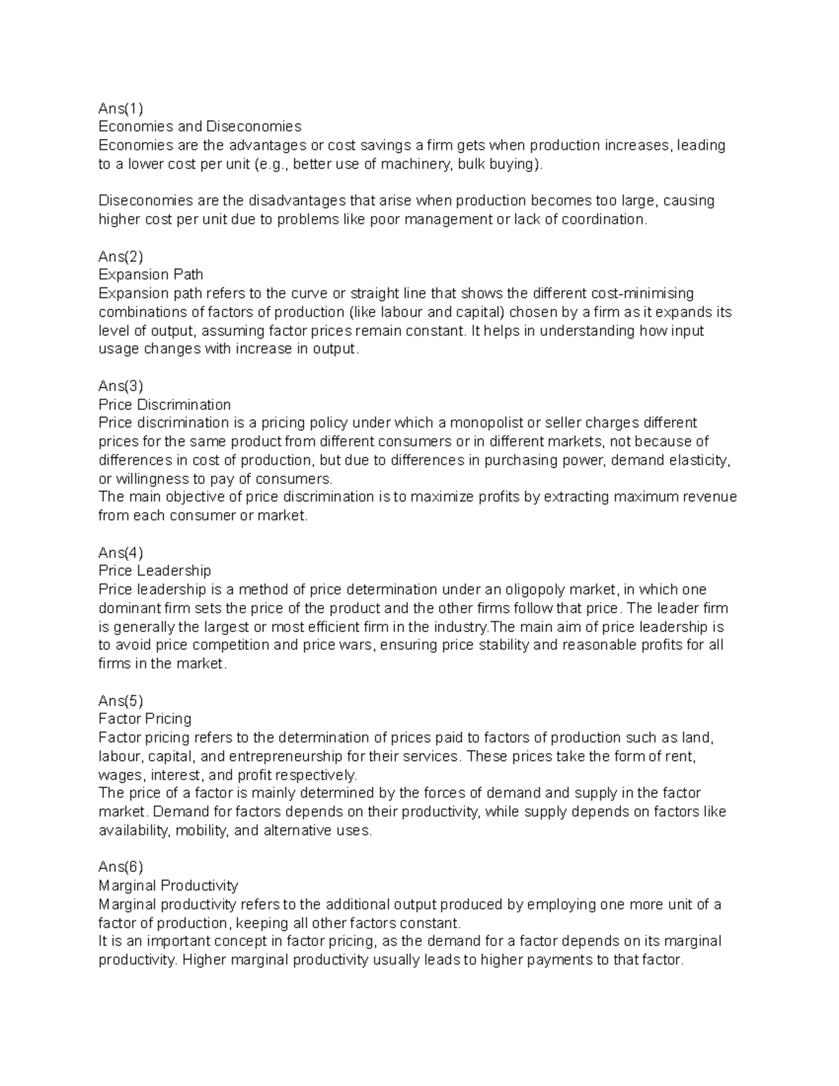 ECO 101: Economies, Diseconomies, and Factor Pricing Insights - Studocu