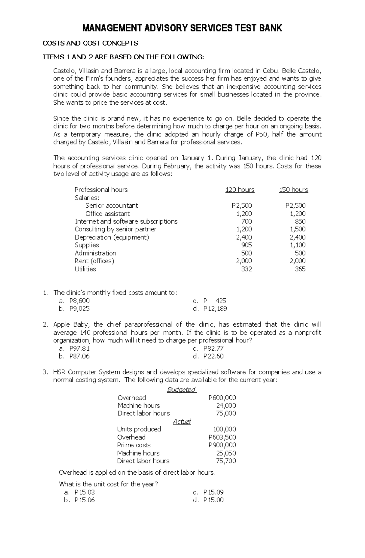 MAS Test Bank 6: Management Advisory Services Review Questions and ...