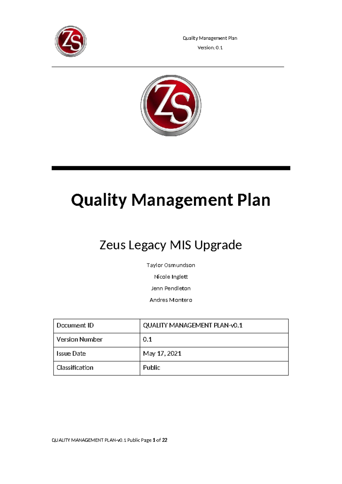 Quality Management Plan for Zeus Legacy MIS Upgrade (Version 0.1) - Studocu