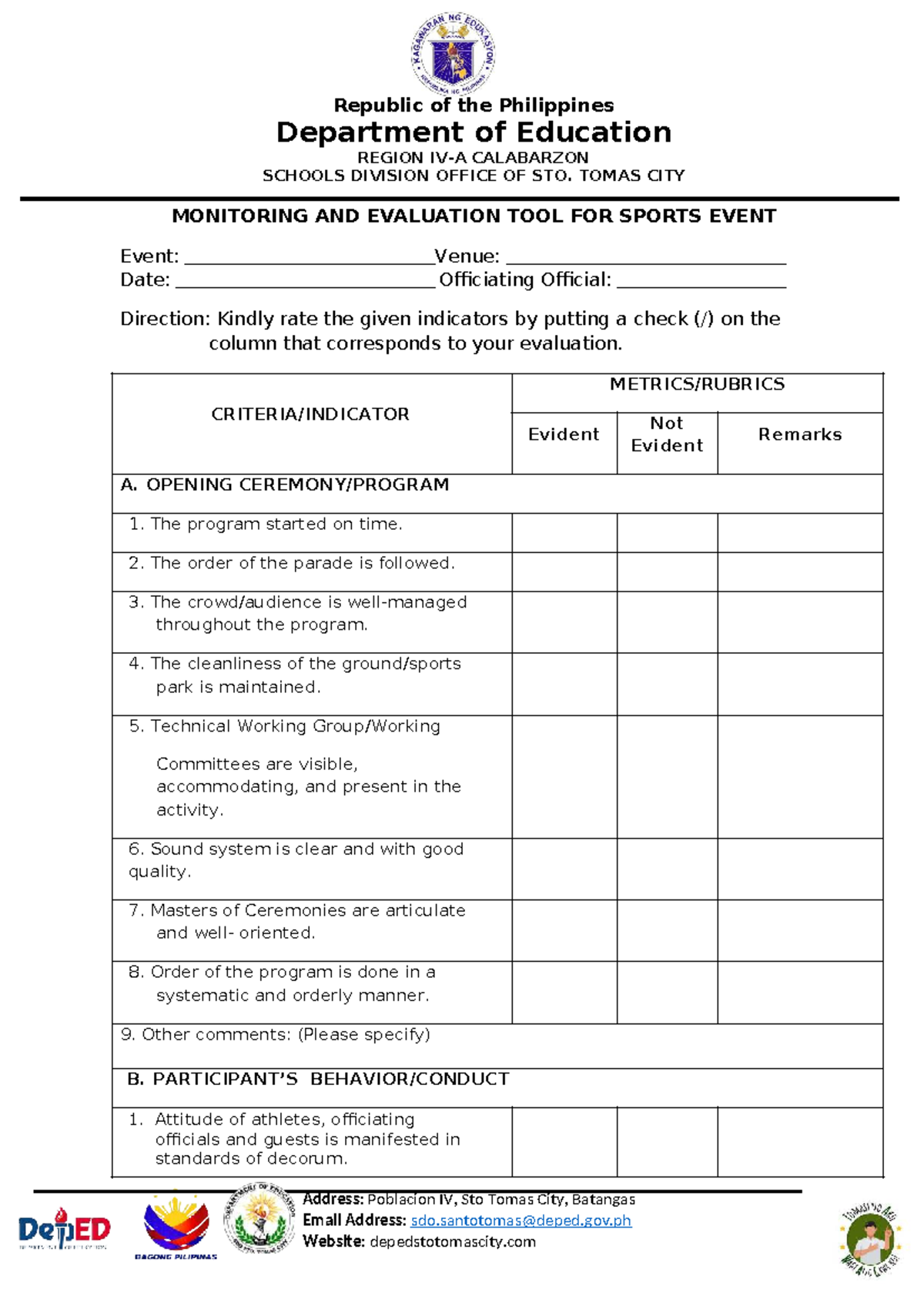 Monitoring and Evaluation Tool for Sports Events - DepEd Sto. Tomas ...