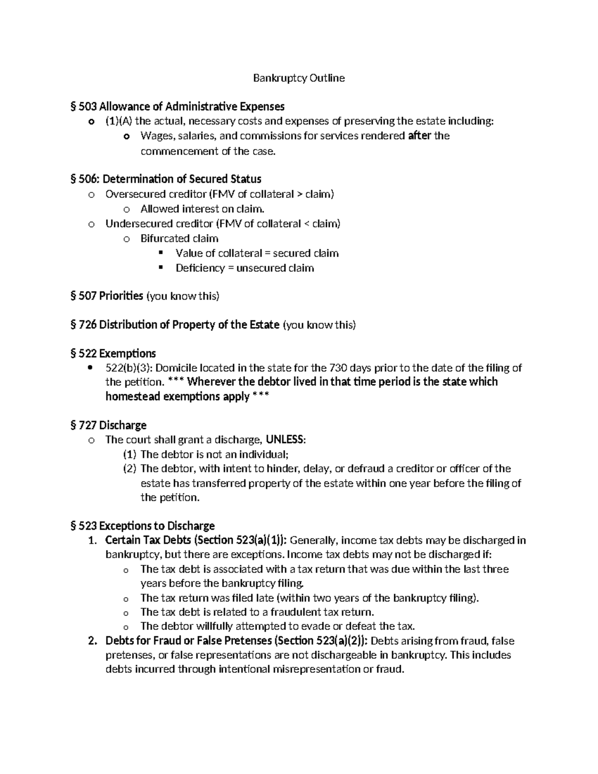 Bankruptcy Outline: Key Concepts and Legal Provisions for Law Students ...