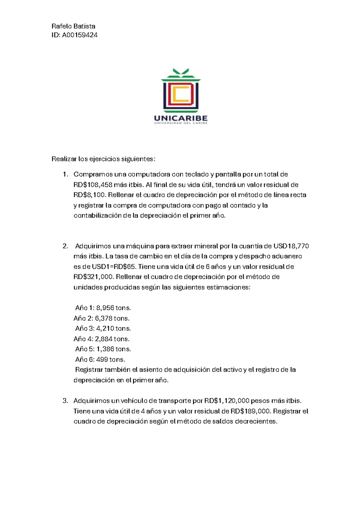 Ejercicios de Depreciación y Asientos Contables - Rafelo A00159424 ...