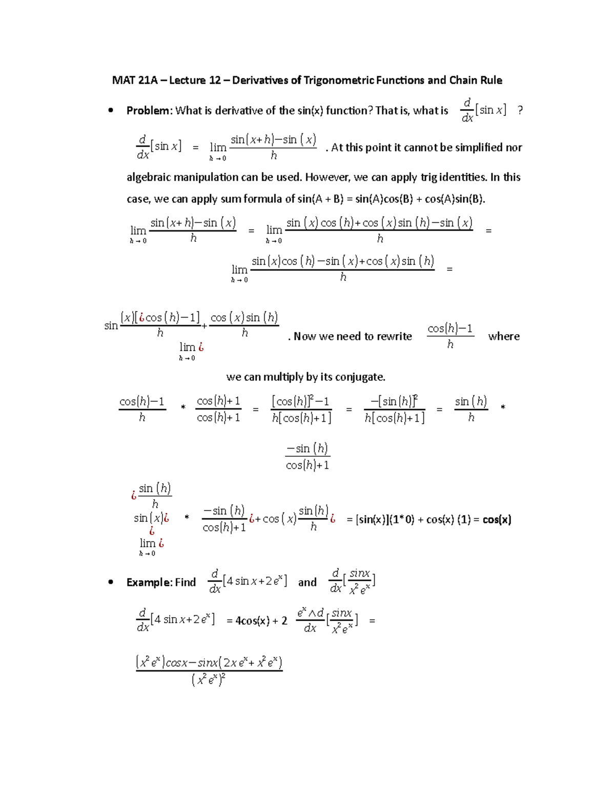 MAT 21A – Lecture 12 – Derivatives of Trigonometric Functions and Chain ...