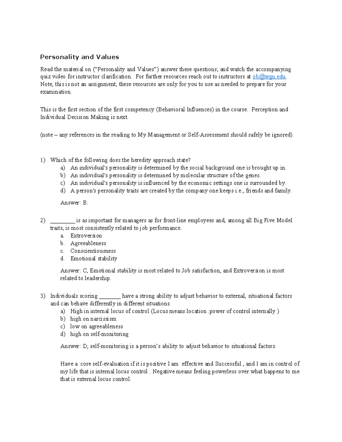 Pesonality and values multiple choice questions - Personality and ...