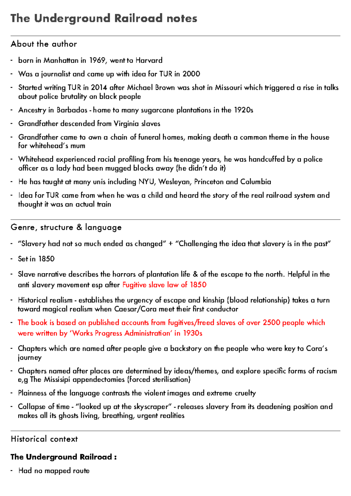 The Underground Railroad (TUR) Study Notes: Key Themes & Historical ...