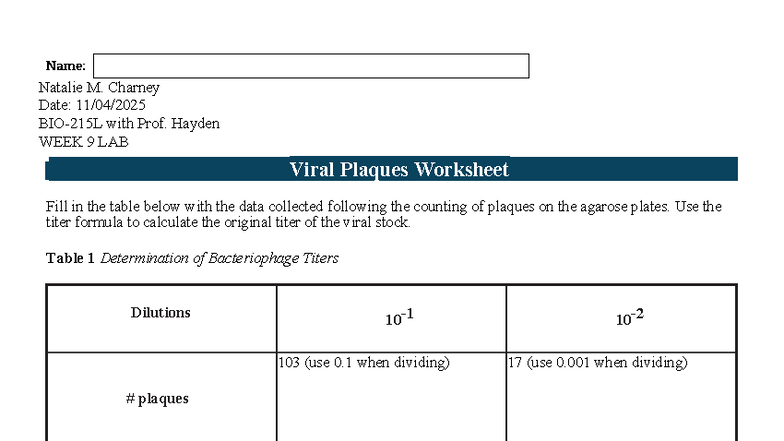 GCU BIO-215 Week 9 Lab: Viral Plaques Worksheet and Analysis - Studocu