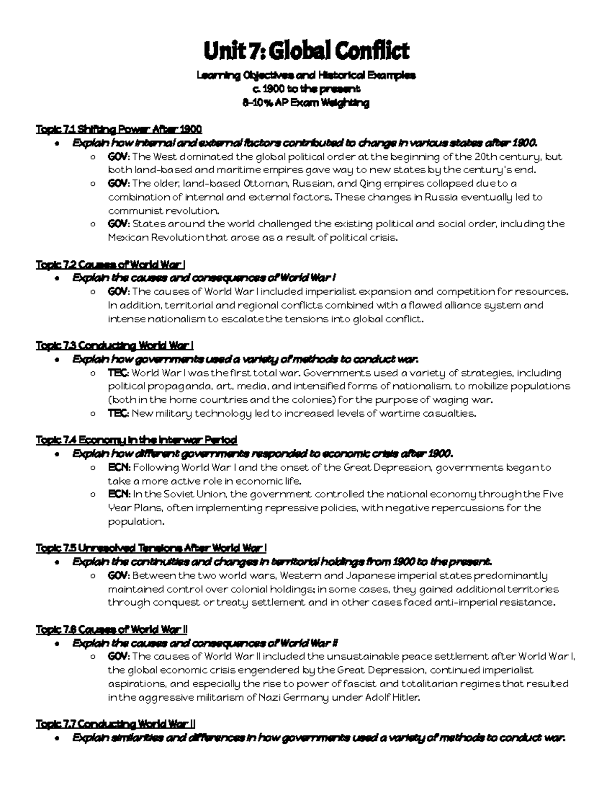 Unit 7: Global Conflict Overview with Historical Context for AP Exam ...