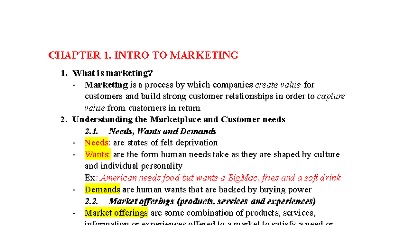 Principles of Marketing - CHAPTER 1. INTRO TO MARKETING What is ...