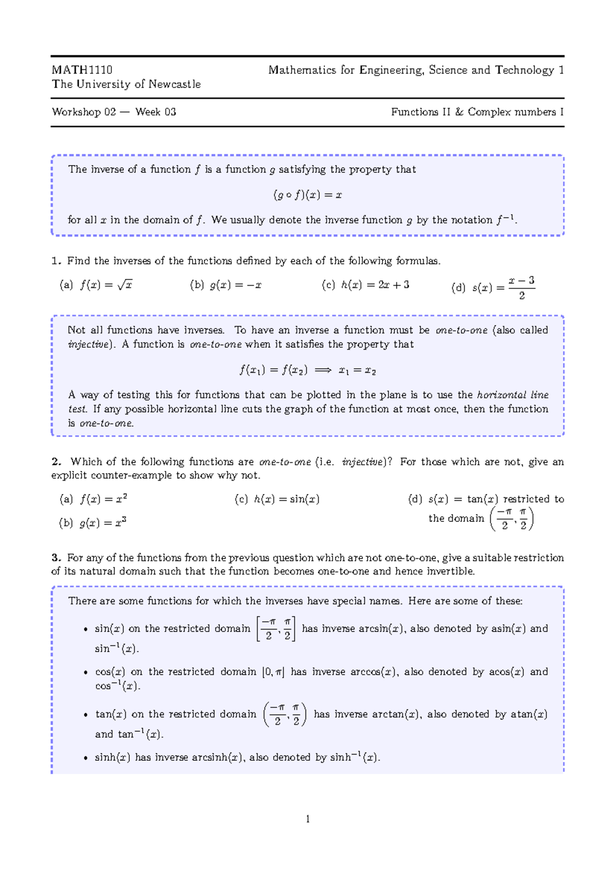 MATH1110 Workshop 02 - Week 03: Functions II & Complex Numbers - Studocu