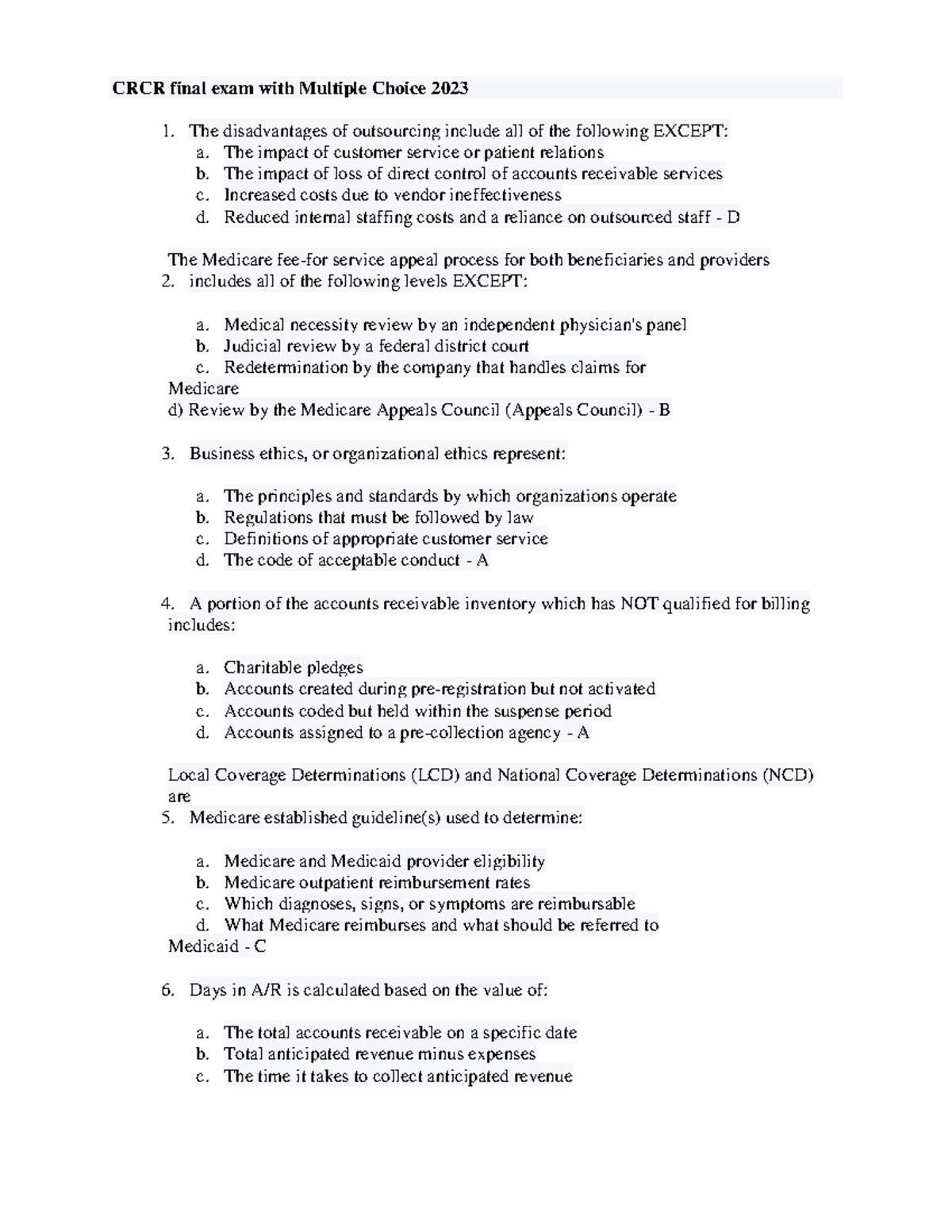 CRCR Final Exam: Multiple Choice Questions Review 2023 - Studocu