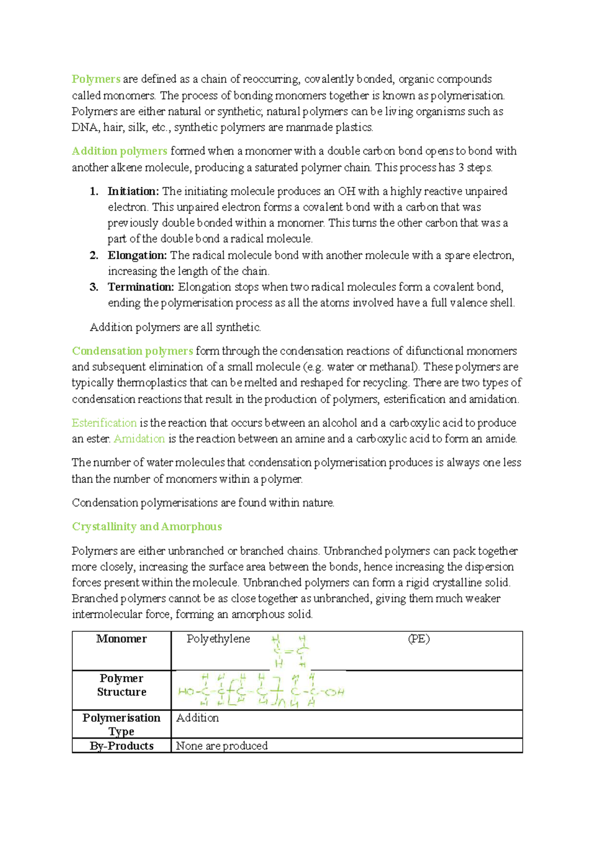 Polymers Notes: Understanding Addition and Condensation Processes - Studocu
