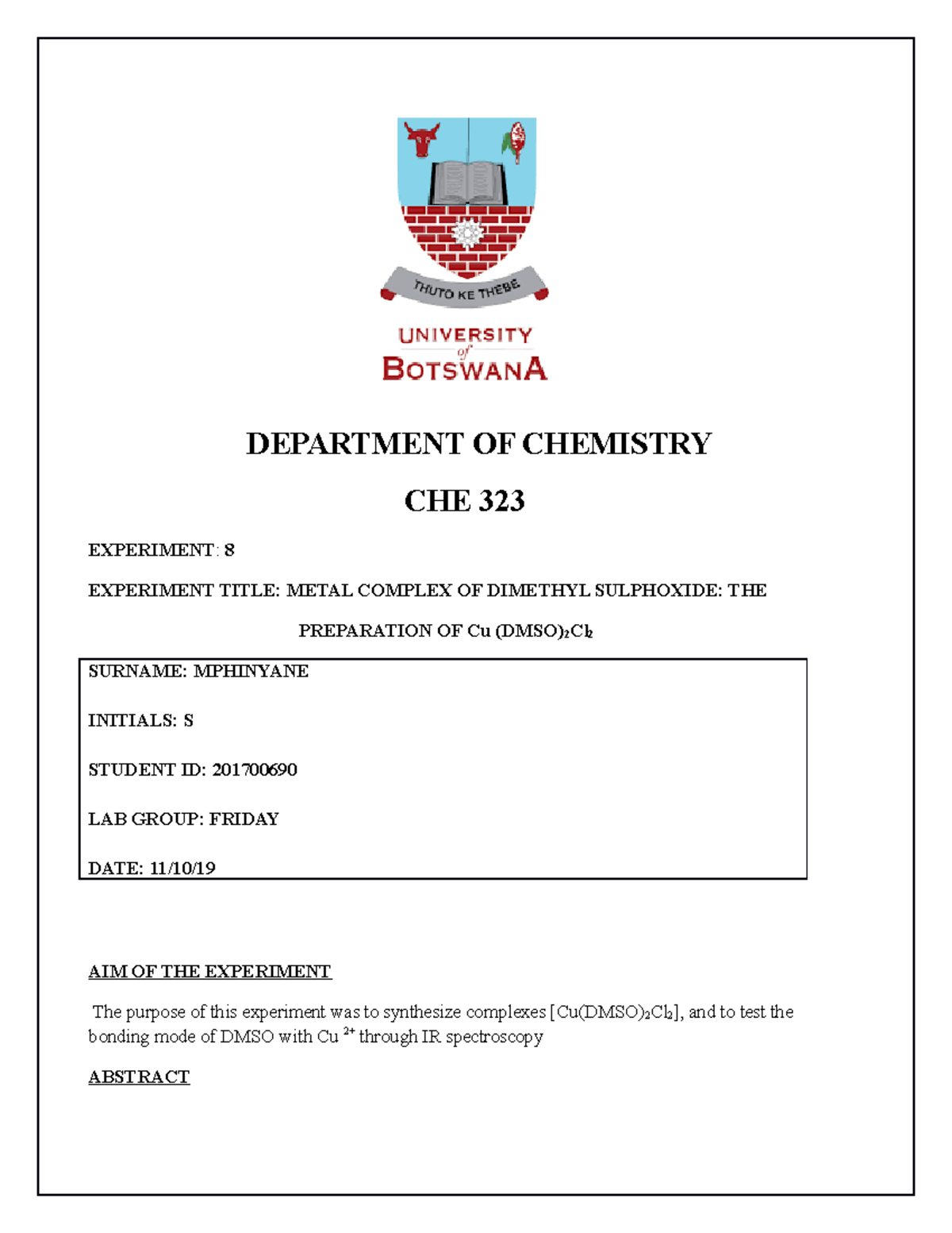 Metal Complexes OF Dimethyl Sulphoxide - DEPARTMENT OF CHEMISTRY CHE ...