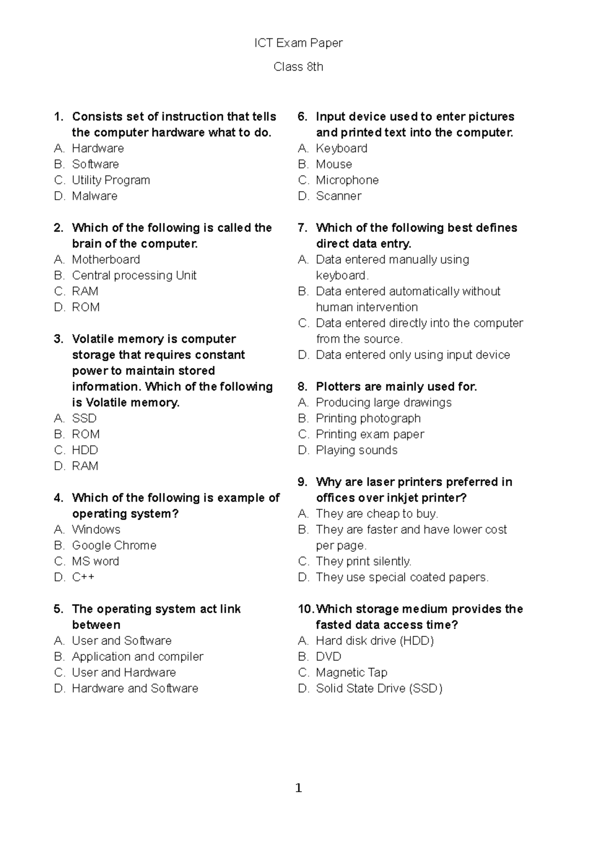 ICT Exam Paper Class 8th - MCQs and Lesson Planning - Studocu