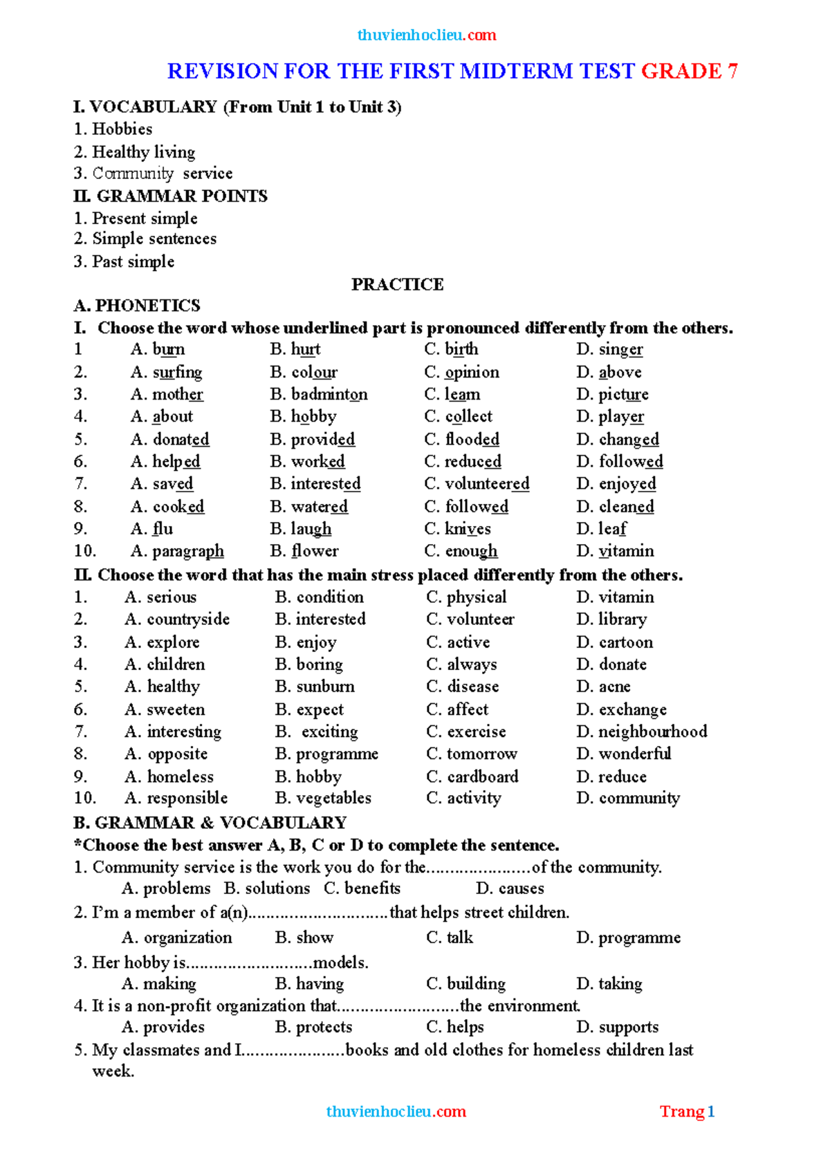 Grade 7 Midterm Revision: Vocabulary, Grammar, and Practice - Studocu