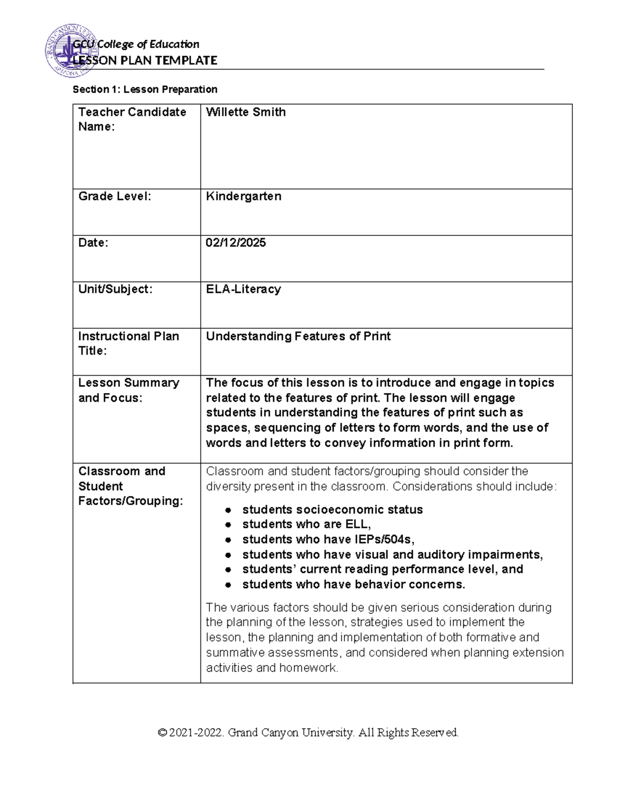 GCU ELA-Literacy Kindergarten Lesson Plan: Understanding Features of ...