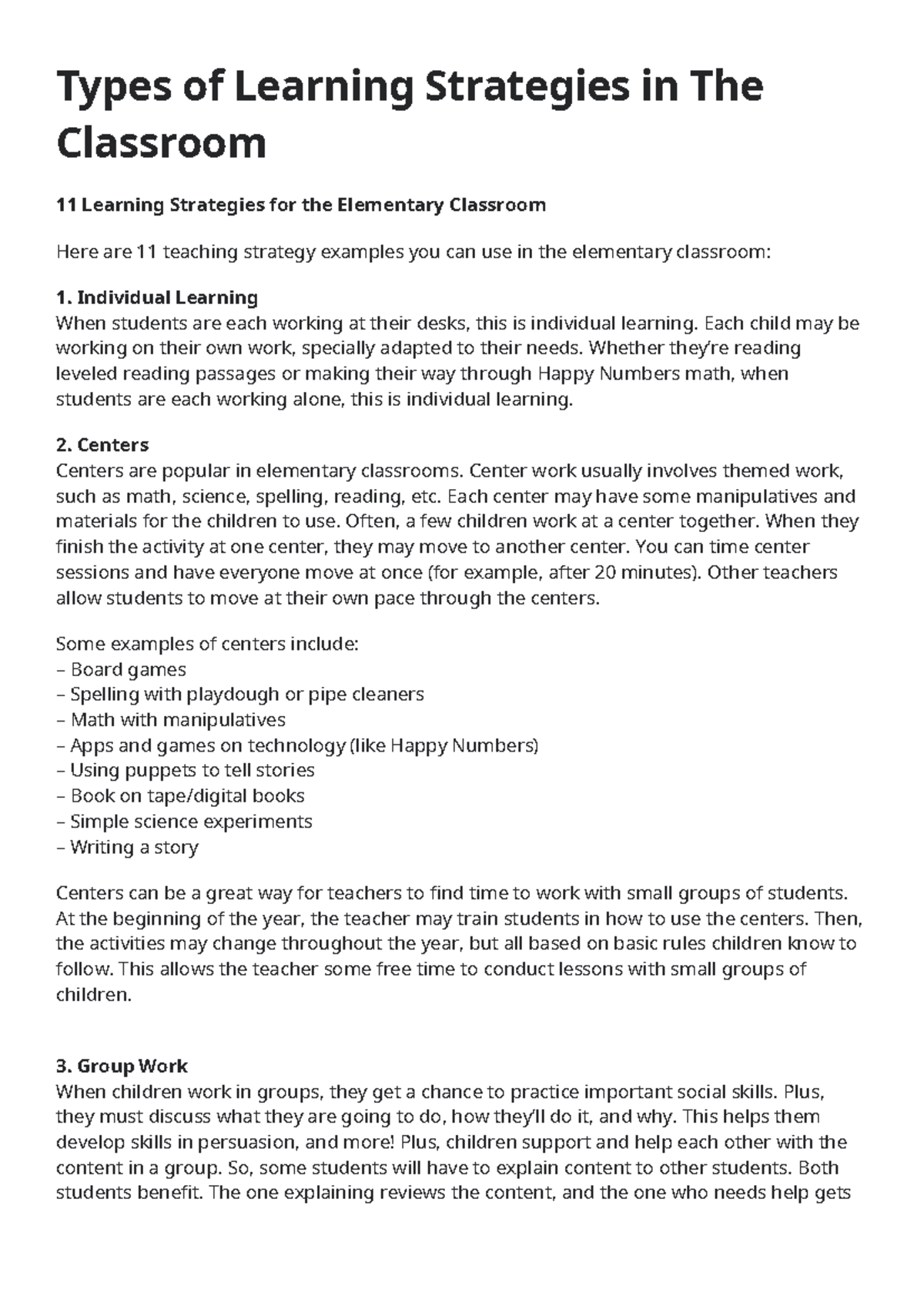 Types of Learning Strategies for Elementary Classrooms: 11 Effective ...