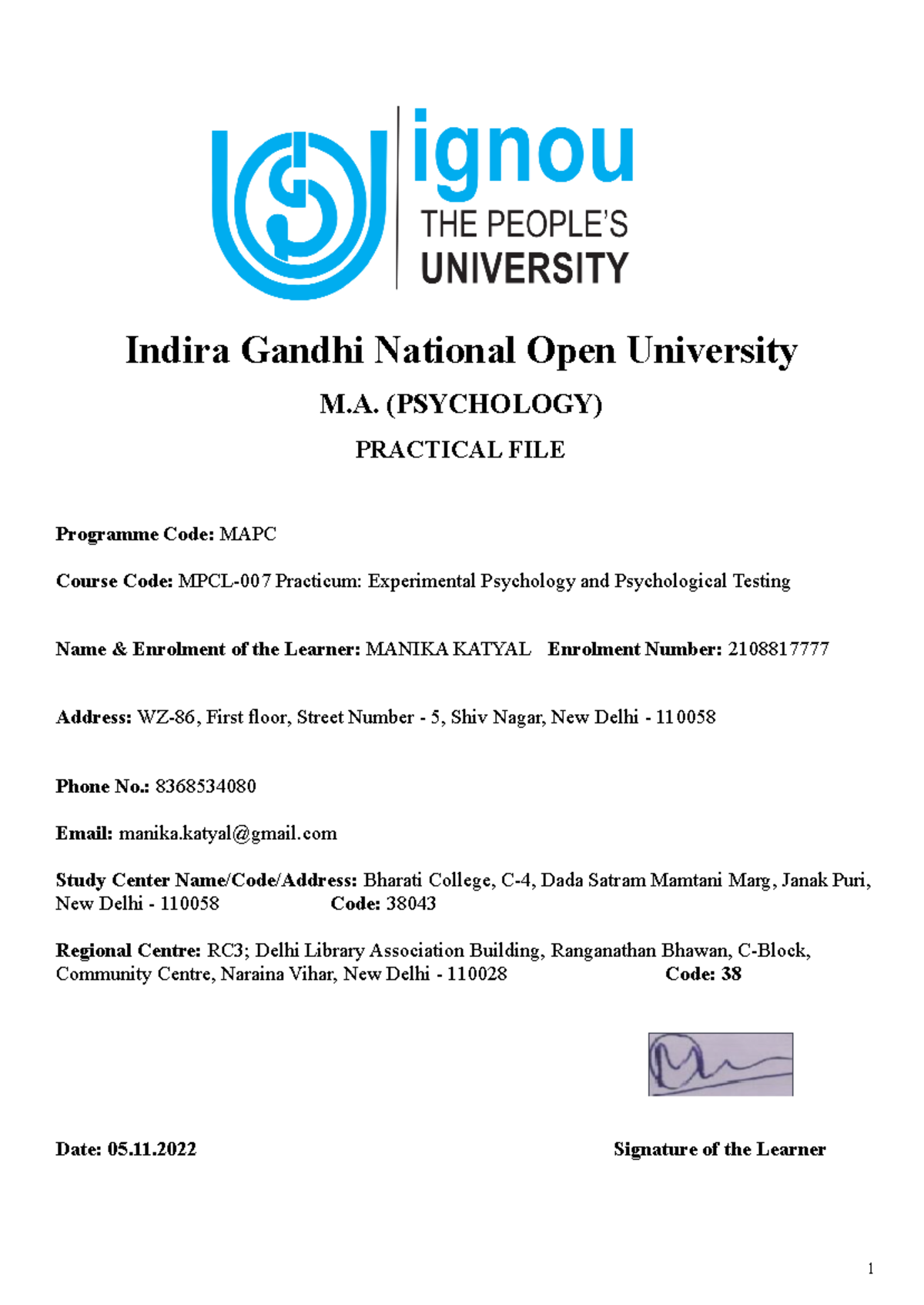 MPCL-007 Practical File: Experimental Psychology & Testing Insights ...