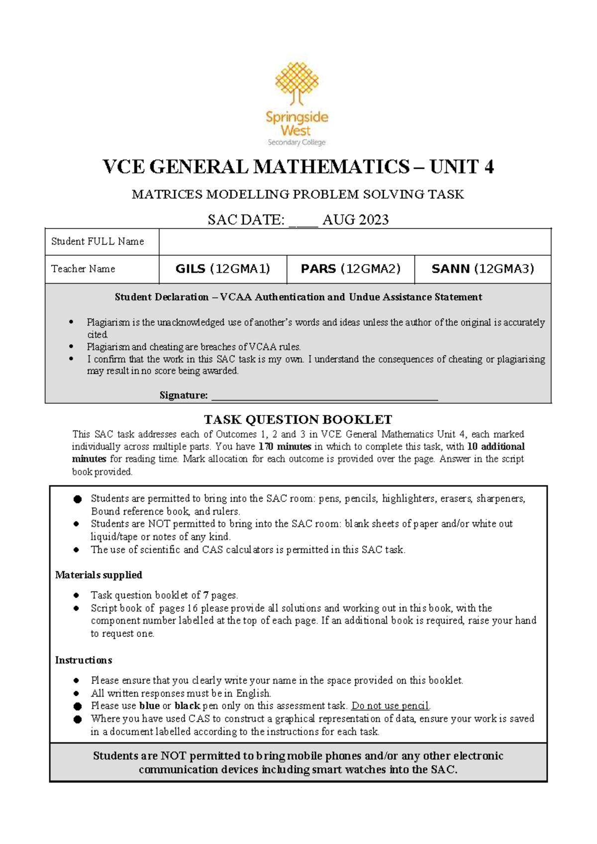 VCE General Mathematics Unit 4 Matrices SAC - August 2023 - Studocu