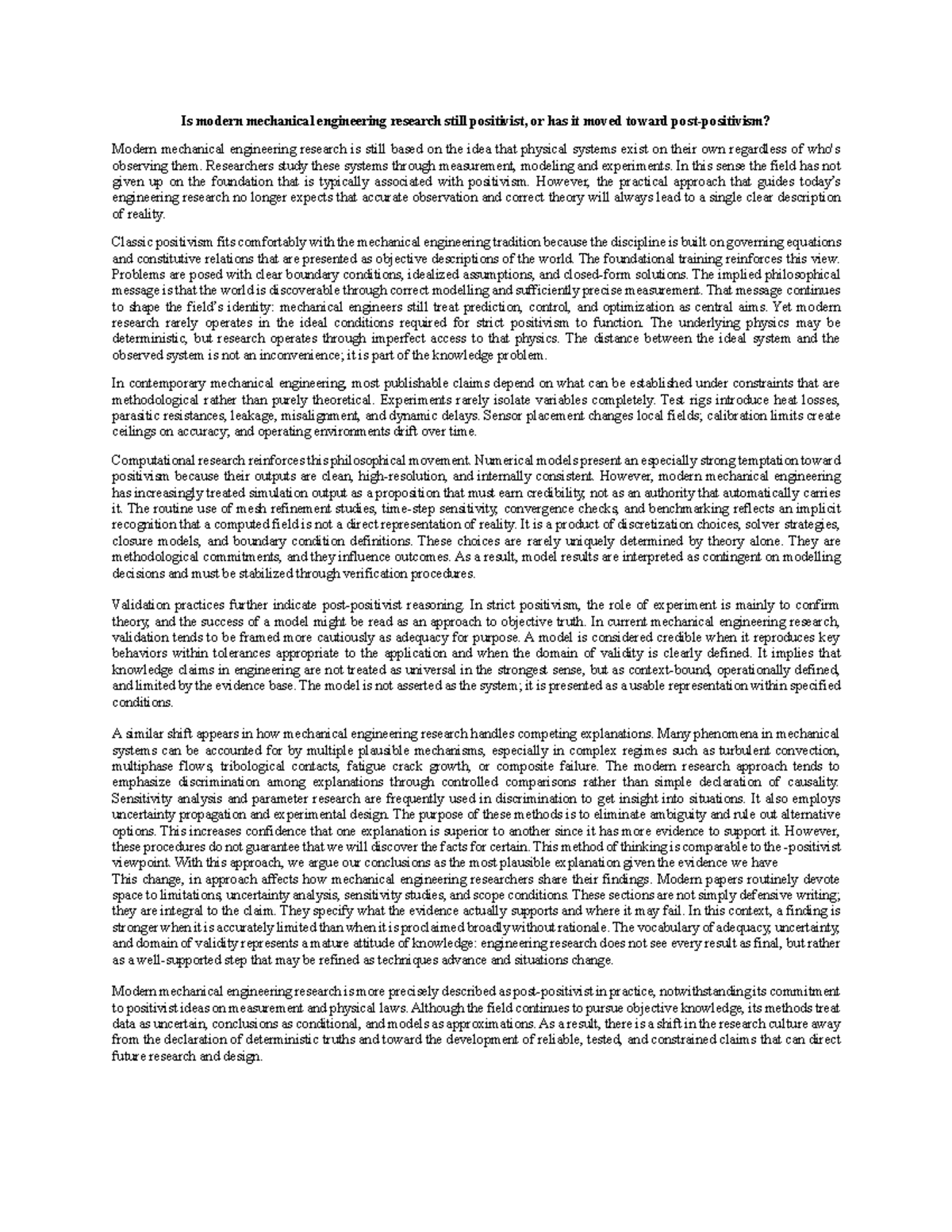 Modern Mechanical Engineering Research: A Shift from Positivism - Studocu