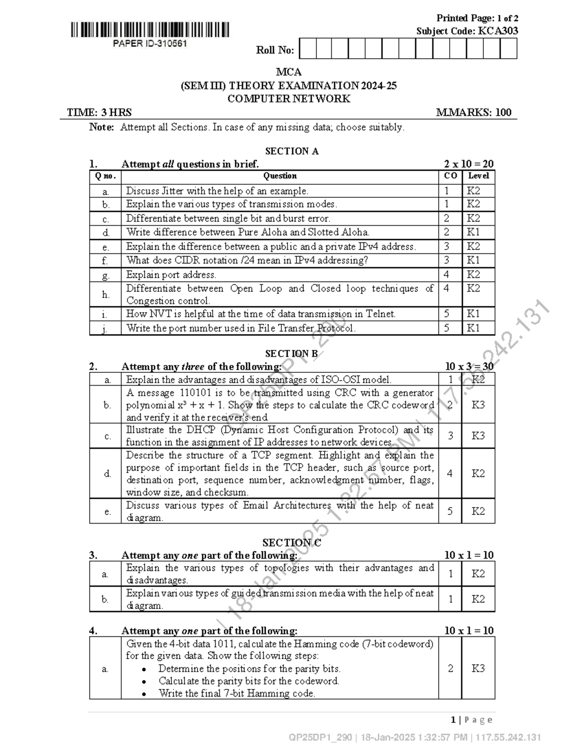 KCA303 - Computer Network Theory Exam Questions and Answers - Studocu