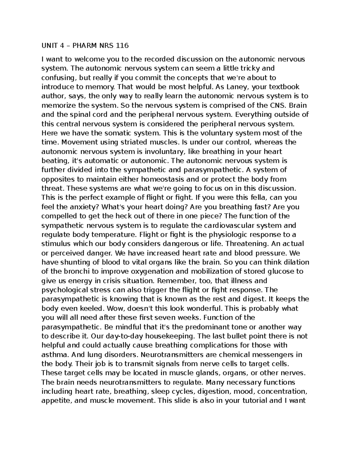 UNIT 4 Lecture Notes on the Autonomic Nervous System (NRS 116) - Studocu