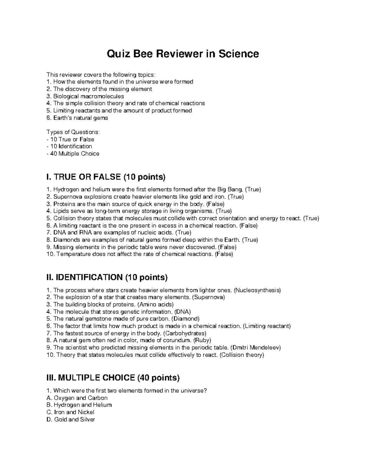 Quiz Bee Reviewer in Science - HSMJAUBSHBAJAN - Studocu