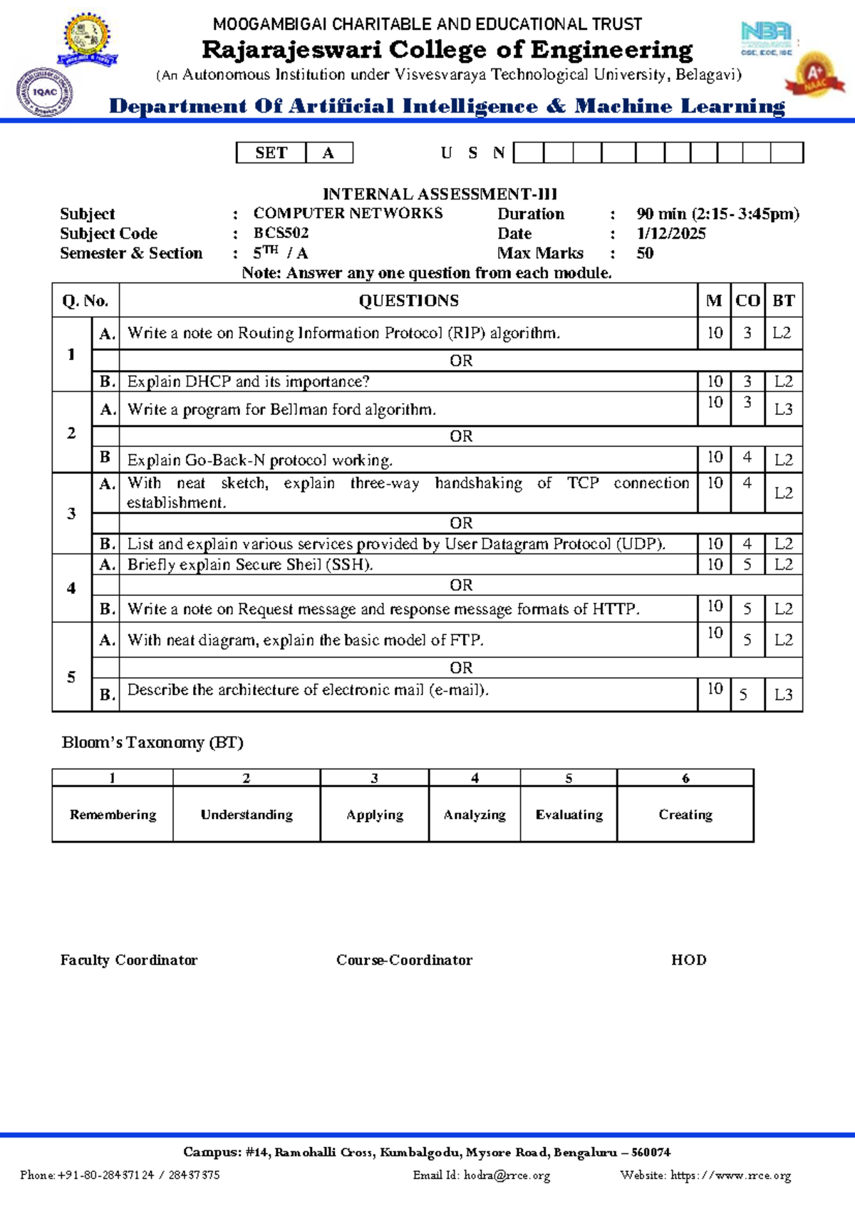 BCS502 Internal Assessment 3 Question Paper - Computer Networks - Studocu