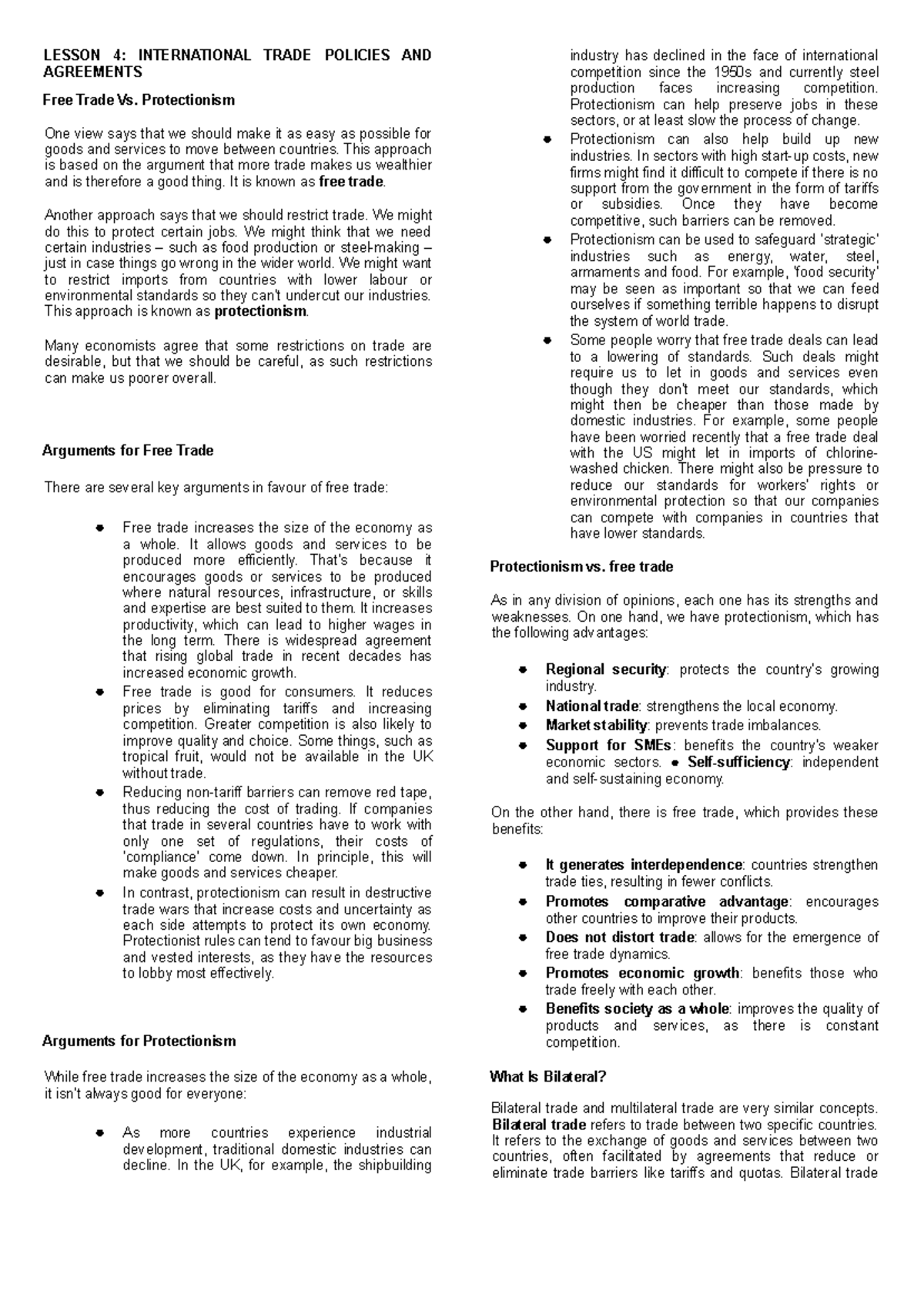 LESSON 4: INT'L TRADE POLICIES - FREE TRADE VS. PROTECTIONISM - Studocu