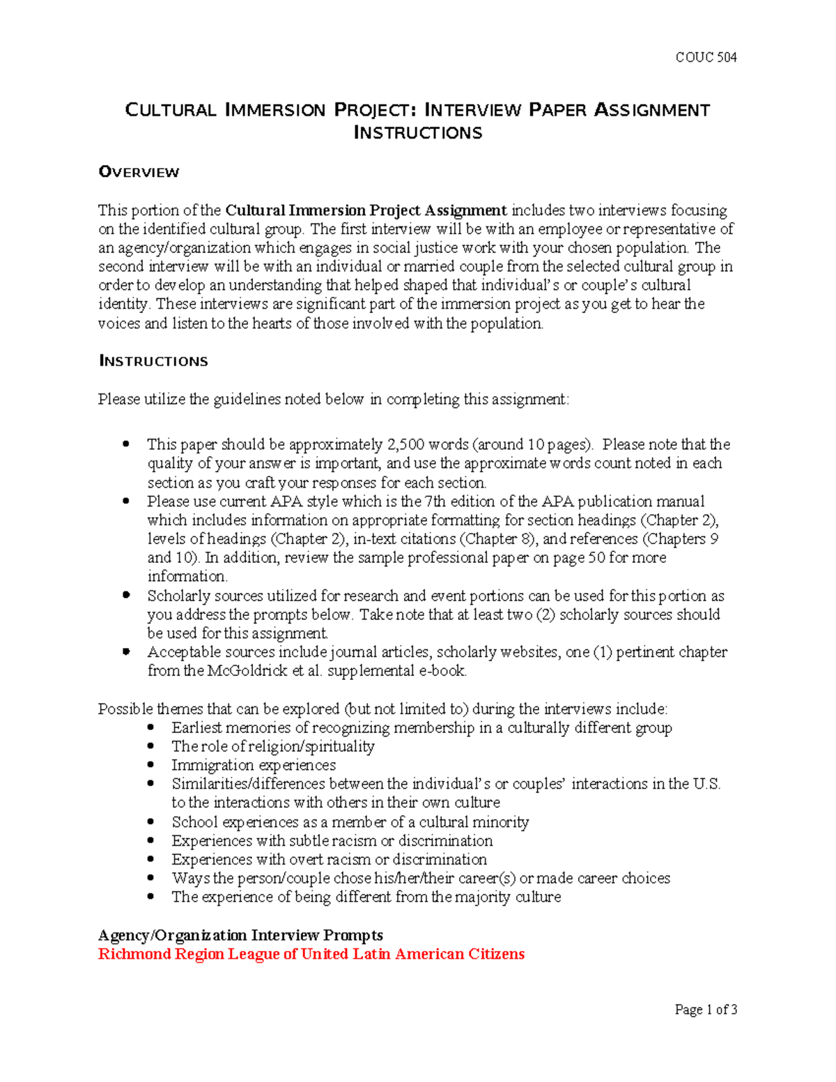 Cultural Immersion Project: Interview Paper Assignment Guidelines - Studocu