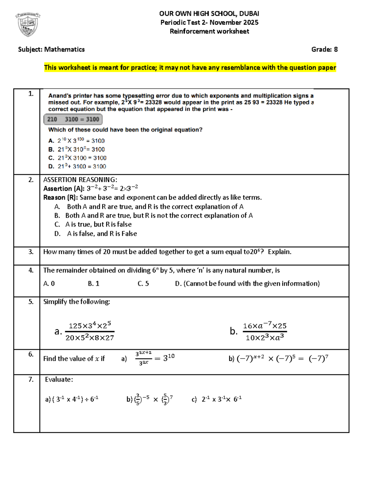 PT-2 Math Reinforcement Worksheet - Grade 8, Nov 2025 - Studocu