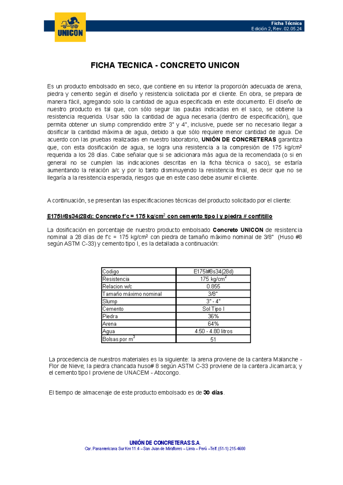 Ficha Técnica Concreto 175 UNICON - Edición 2, Rev. 02.05.24 - Studocu