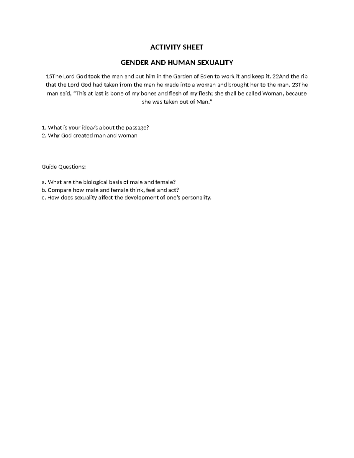 Activity Sheet: Gender and Human Sexuality Insights - Studocu