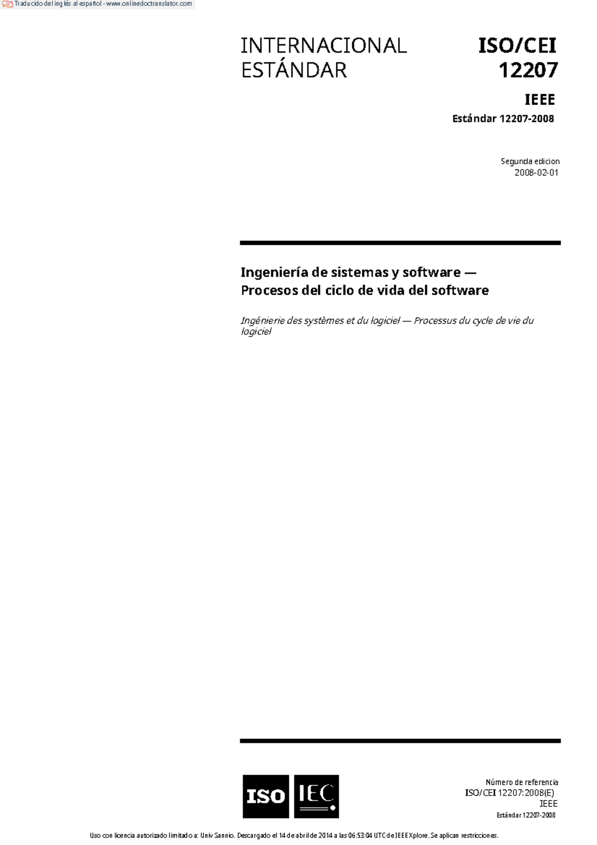 ISO 12207-2008 (es) - Estándar de Procesos del Ciclo de Vida del Software - Studocu