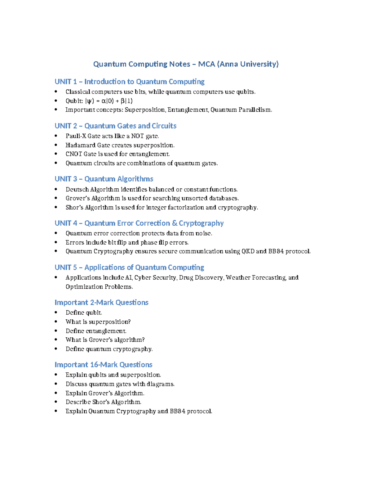 Quantum Computing Notes MCA - Key Concepts & Applications - Studocu