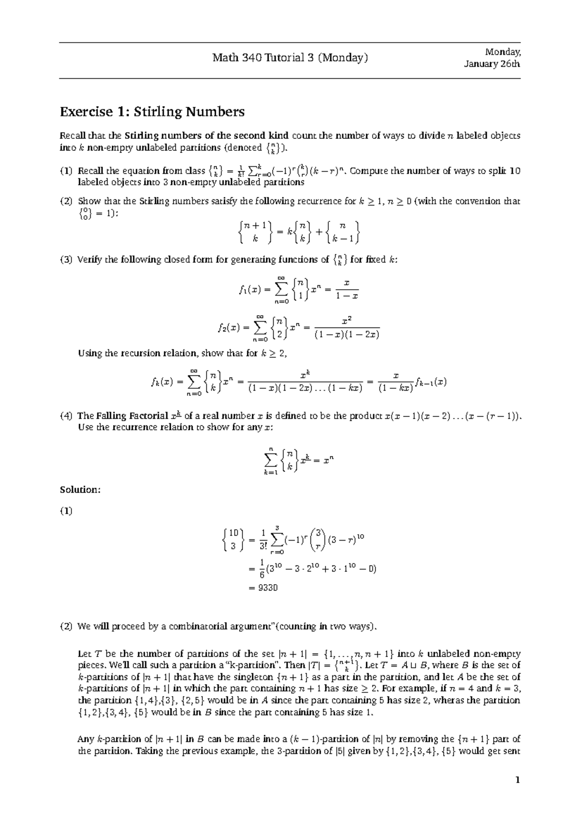 MATH 340 Tutorial 3: Stirling & Catalan Numbers Solutions - Studocu