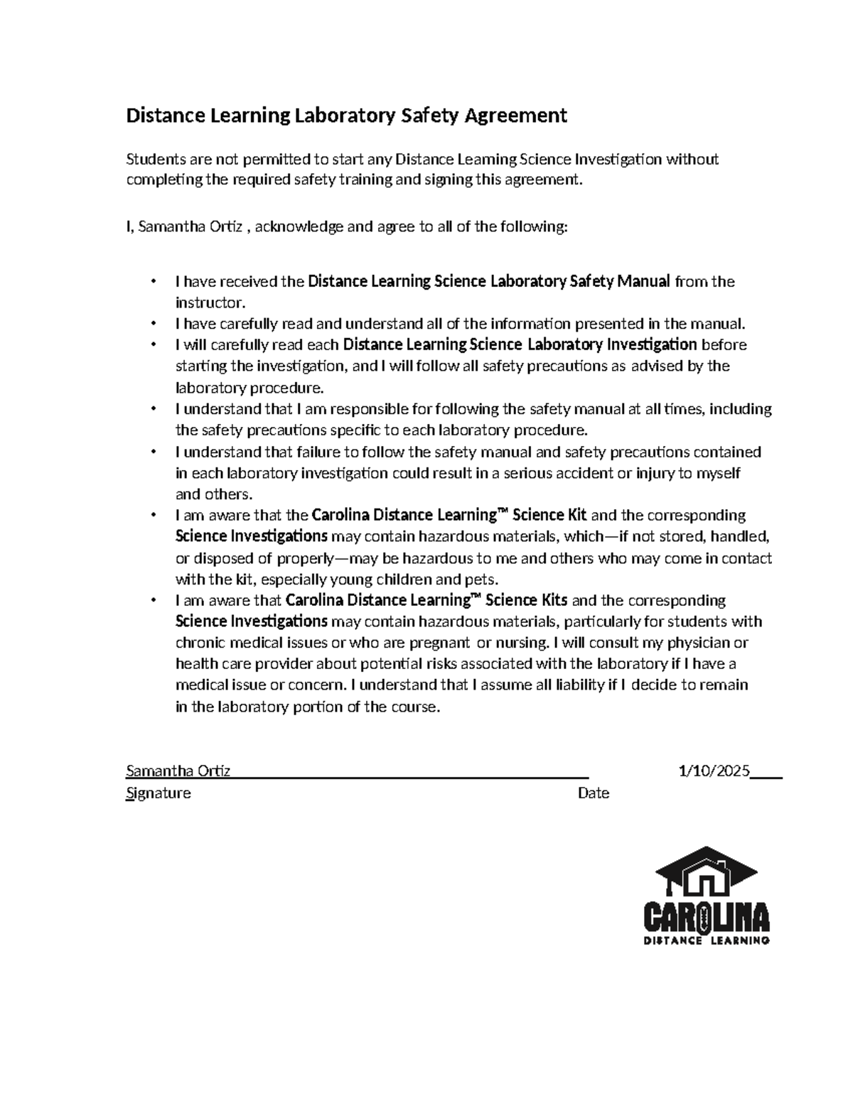 PHY 150 Distance Learning Lab Safety Agreement - Distance Learning ...