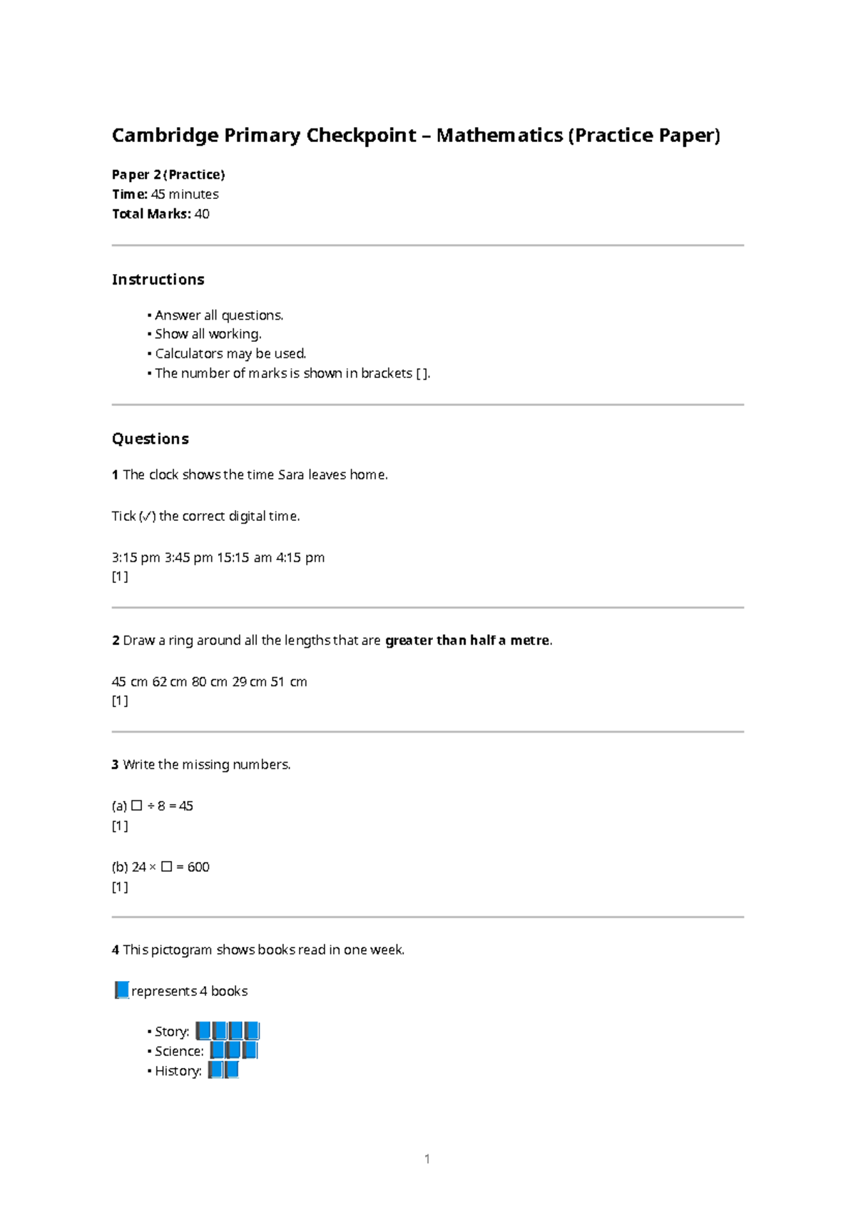 Practice Question Paper – Cambridge Primary Checkpoint Math (Paper 2 ...