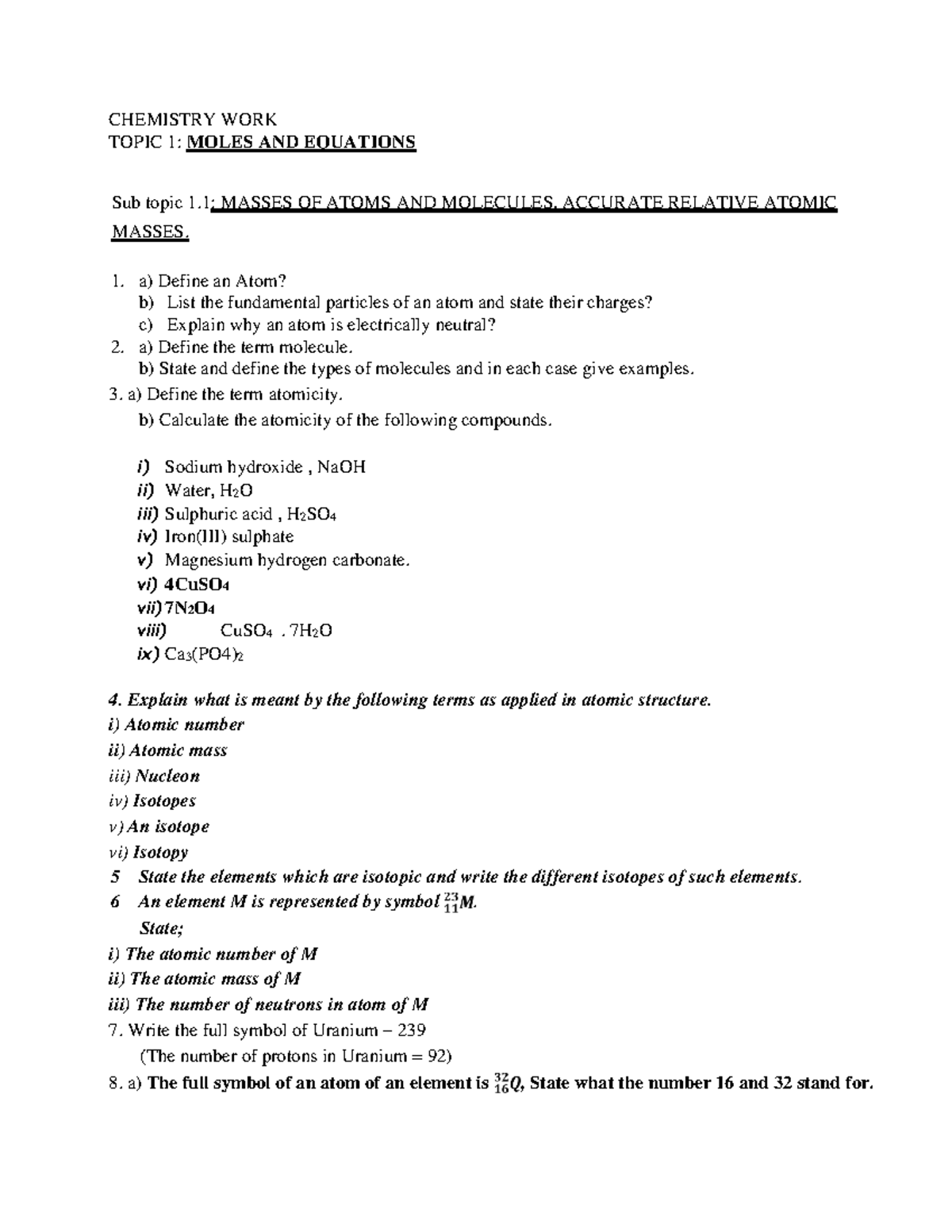 CHEM 101: Moles & Equations - Atomic Masses & Isotopes Study Guide ...