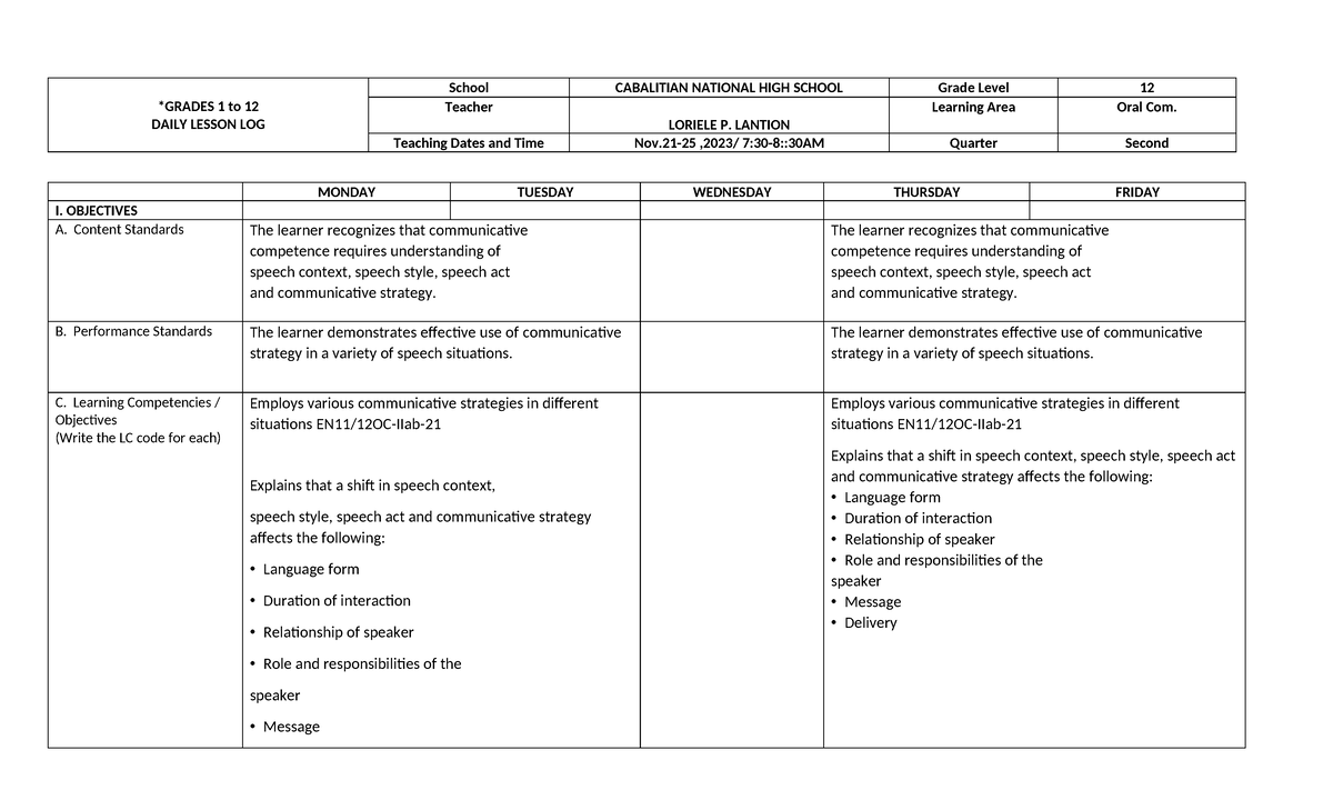 Oral Com 1 - Week 8 Daily Lesson Log for Grade 12 Communication - Studocu