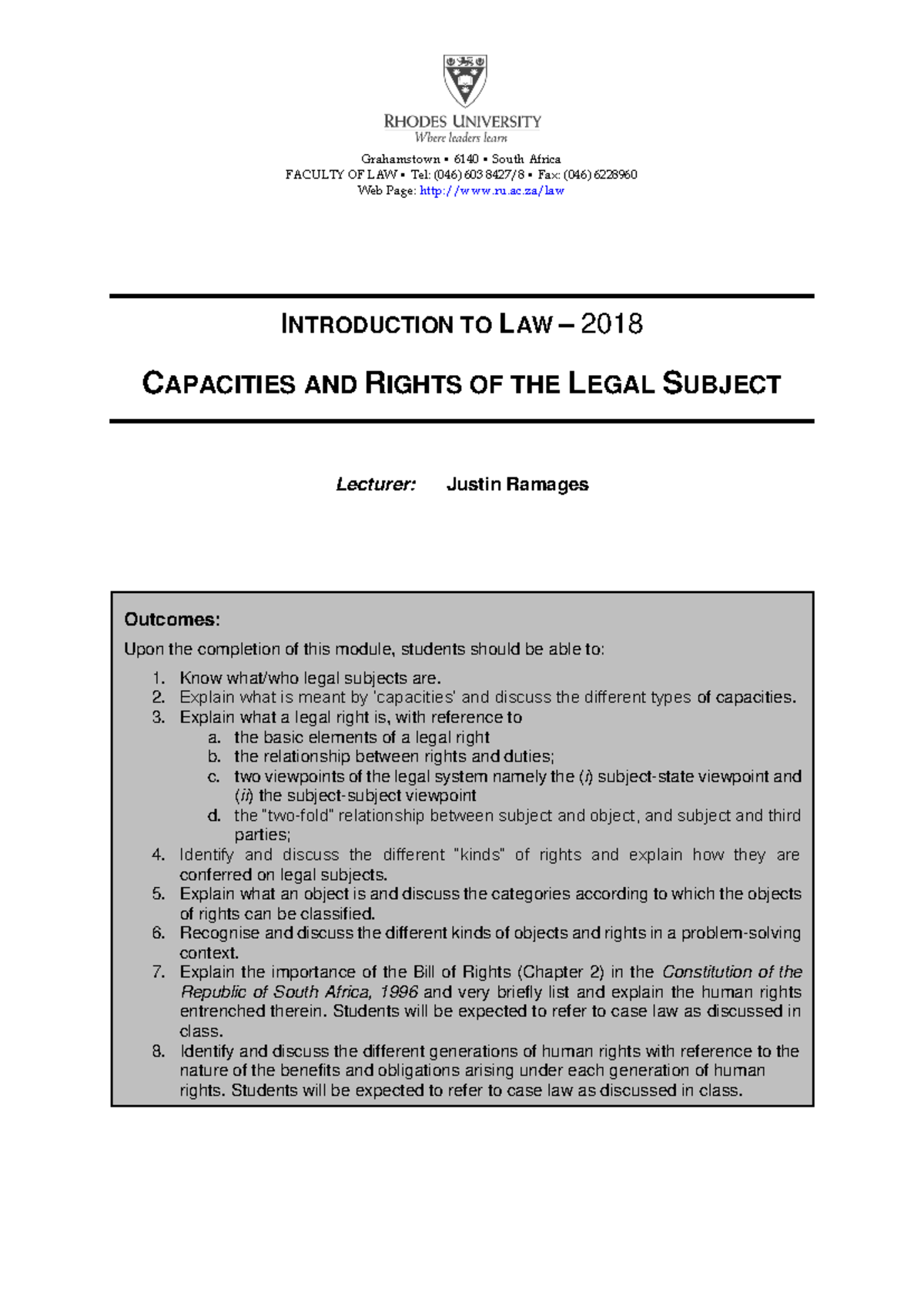 Legal Subject Rights and Capacities: Insights for LAW101 Lectures - Studocu
