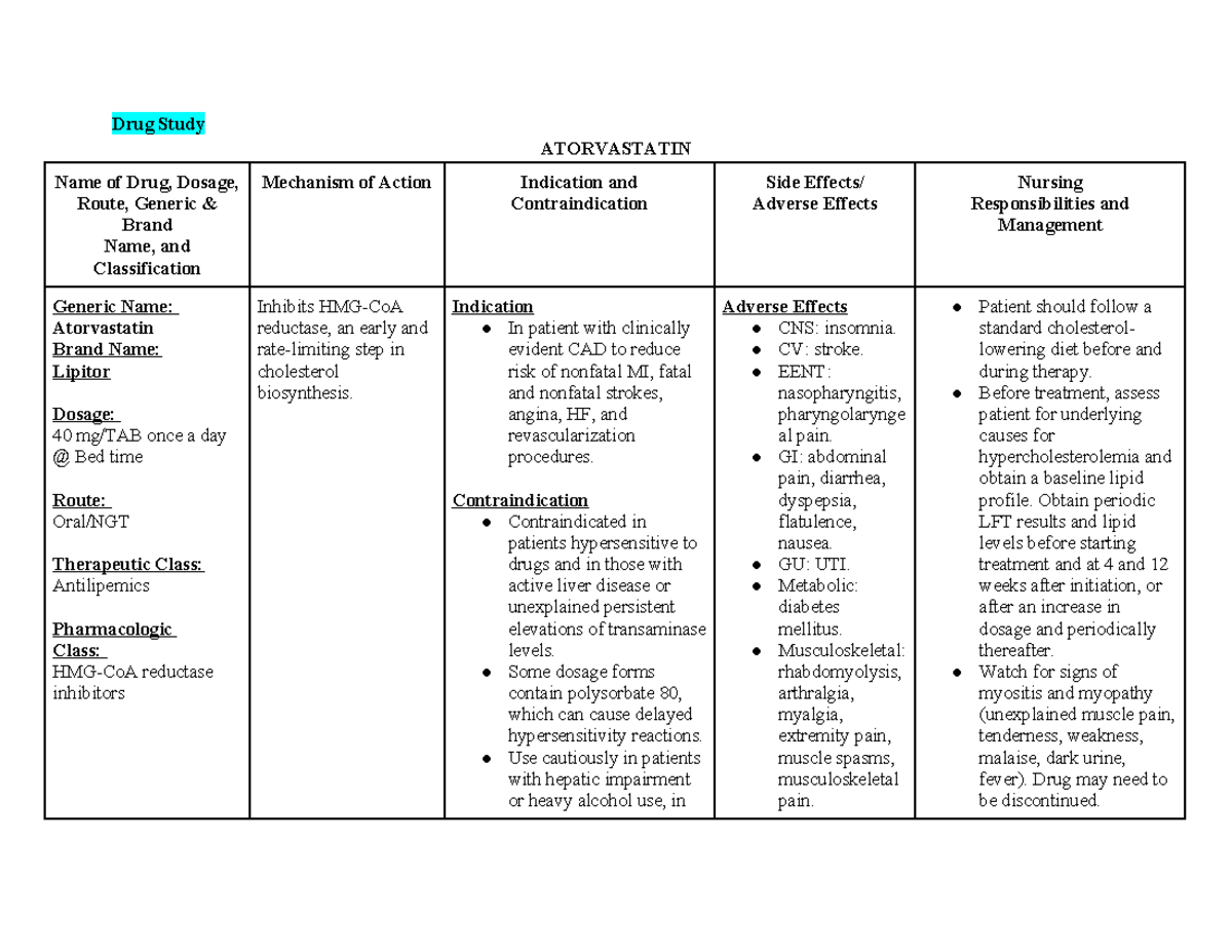 Atorvastatin and Azithromycin Drug Study Notes (Pharm 101) - Studocu