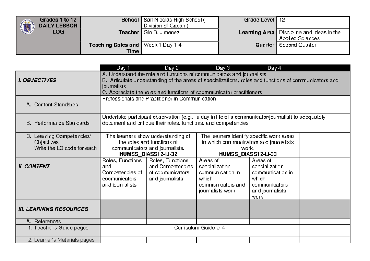 Grade 12 Daily Lesson Log: Communication Roles & Competencies - Studocu