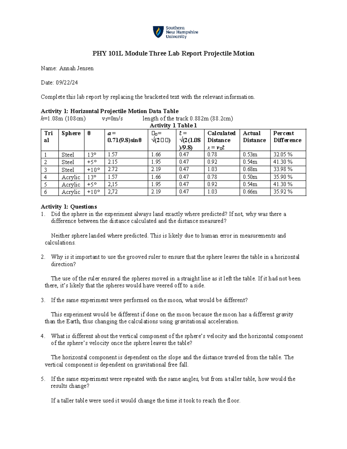 PHY 101L Module 3 Lab Report: Understanding Projectile Motion - Studocu