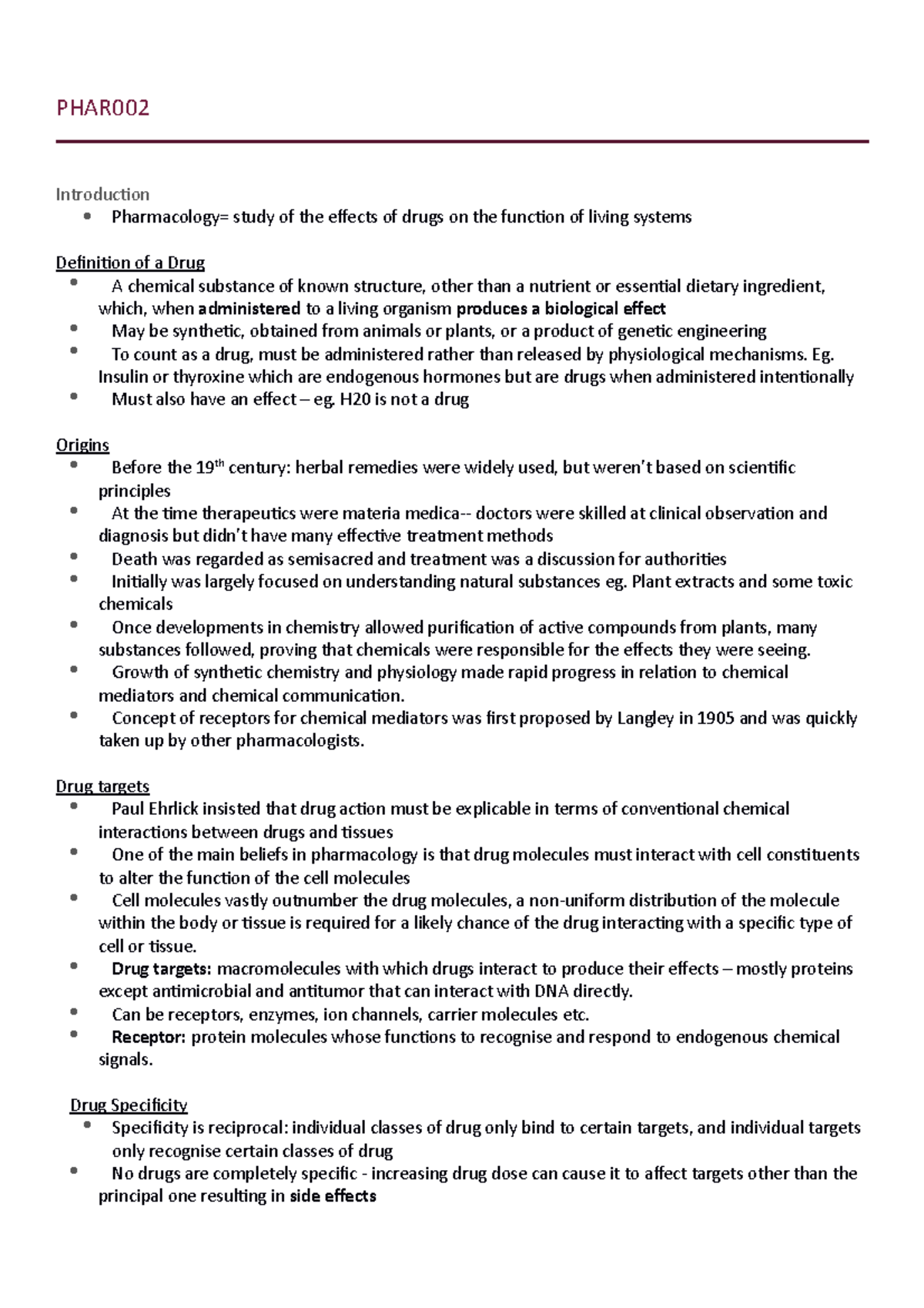 PHAR002 notes - PHAR Introduction Pharmacology= study of the effects of ...