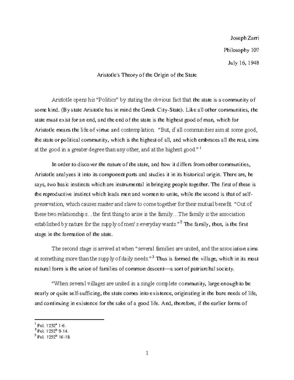 Philosophy 107: Essay on Aristotle's Theory of the State Origin - Studocu