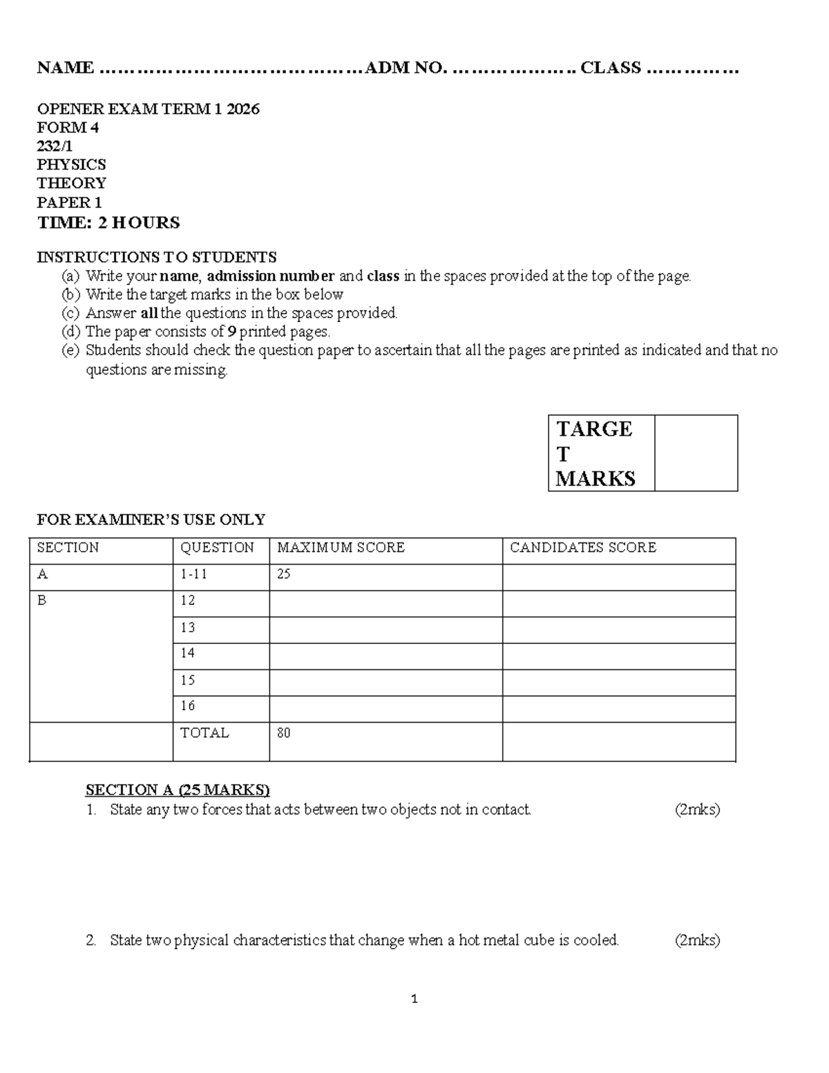 F4 Physics Theory Paper 1 - Term 1 Exam 2026 Questions - Studocu