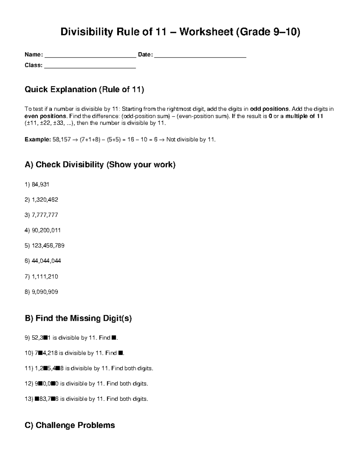 Divisibility Rule of 11 Worksheet - Practice Problems and Explanations ...