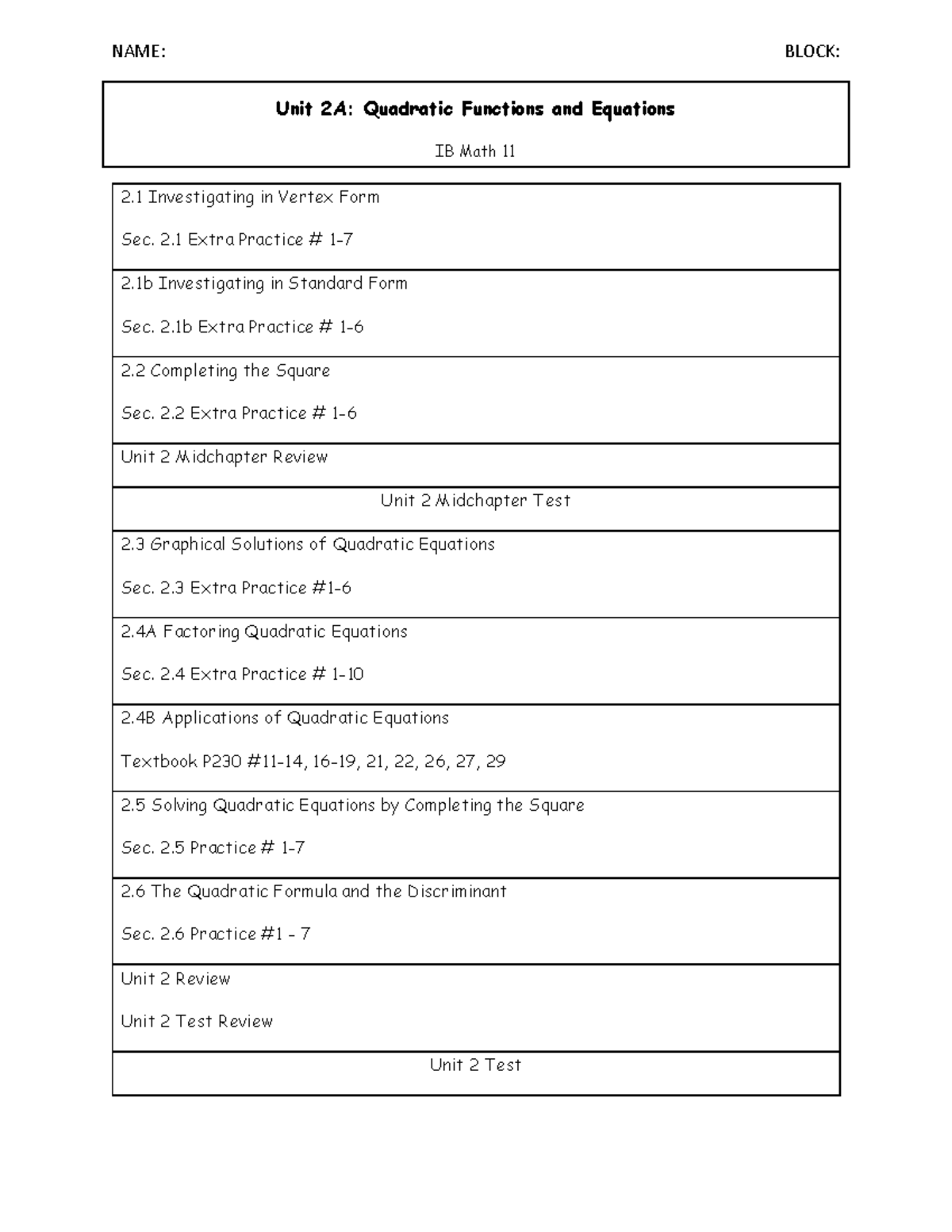 Unit 2A: Quadratic Functions & Equations - IB Math 11 Extra Practice ...