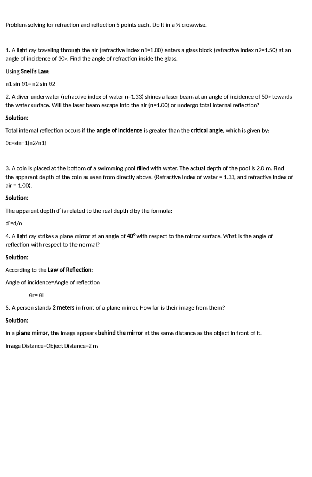 Problem solving for refraction and reflection 5 points each - Do It in ...